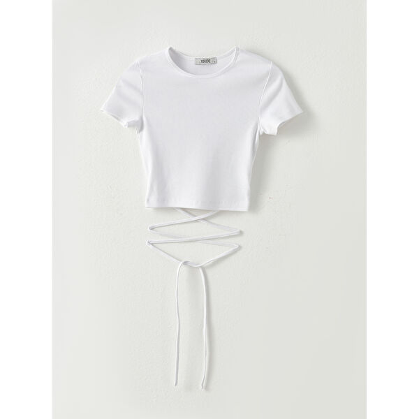 XSIDE Bisiklet Yaka Düz Kısa Kollu Crop Pamuklu Kadın Tişört