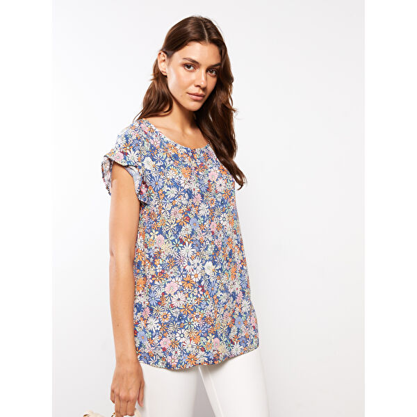 Bisiklet Yaka Çiçekli Kısa Kollu Viskon Kadın Bluz