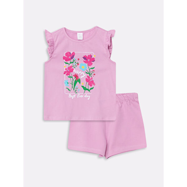 Bisiklet Yaka Baskılı Kız Bebek Tişört ve Şort 2'li Takım
