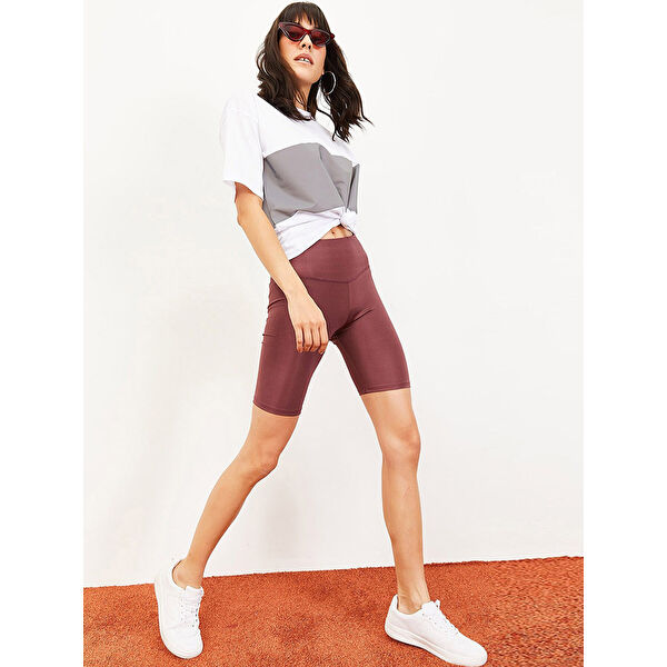 Shade Beli Lastikli Düz Parlak Görünümlü Toparlayıcı Kadın Biker Tayt