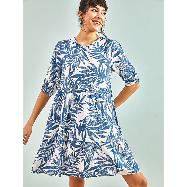 Shade Bisiklet Yaka Desenli Kısa Kollu Viskon Kadın Elbise