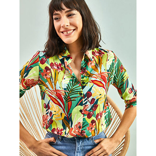 Shade Önden Düğme Kapamalı Desenli Uzun Kollu Viskon Kadın Gömlek