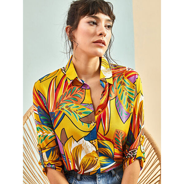 Shade Önden Düğme Kapamalı Desenli Uzun Kollu Viskon Kadın Gömlek