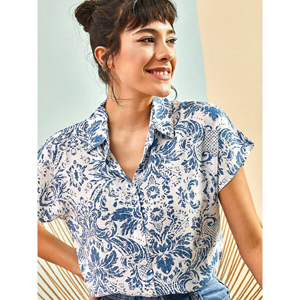 Shade Önden Düğme Kapamalı Desenli Kısa Kollu Kadın Viskon Gömlek