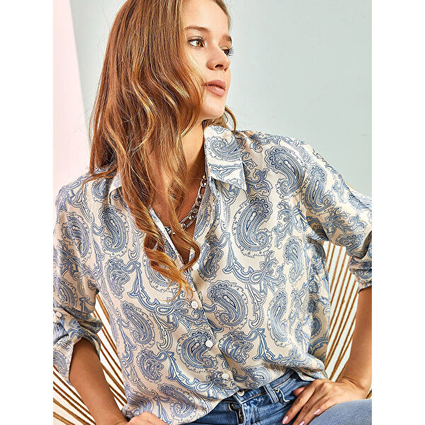 Shade Önden Düğme Kapamalı Desenli Uzun Kollu Viskon Kadın Gömlek