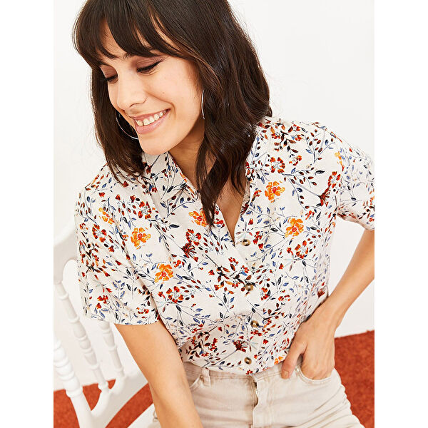 Shade Önden Düğme Kapamalı Desenli Kısa Kollu Kadın Gömlek