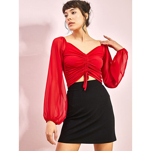 Shade V Yaka Düz Büzgü Detaylı Uzun Kollu Tüllü Kadın Bluz