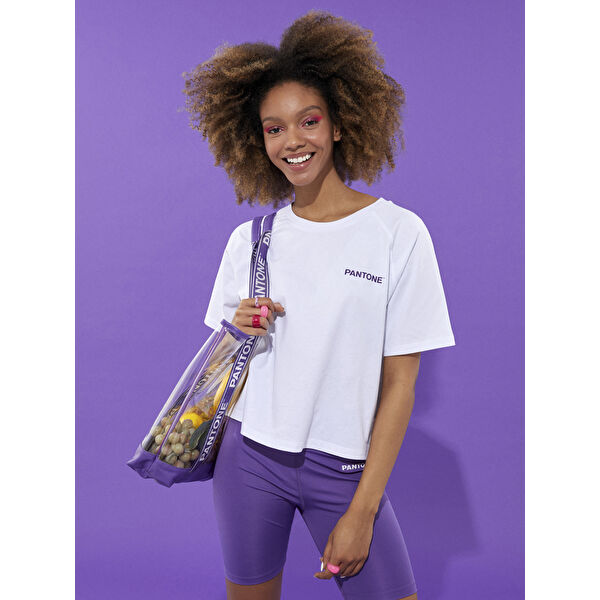 PANTONE Bisiklet Yaka Baskılı Kısa Kollu Pamuklu Oversize Kadın Tişört