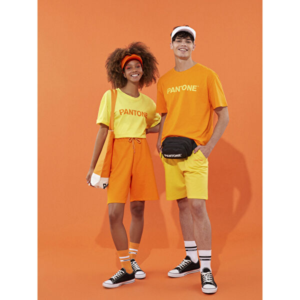 PANTONE Beli Lastikli Baskılı Unisex Şort