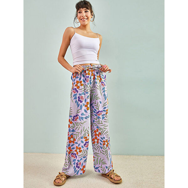 Shade Beli Lastikli Desenli Geniş Paça Viskon Kadın Pantolon