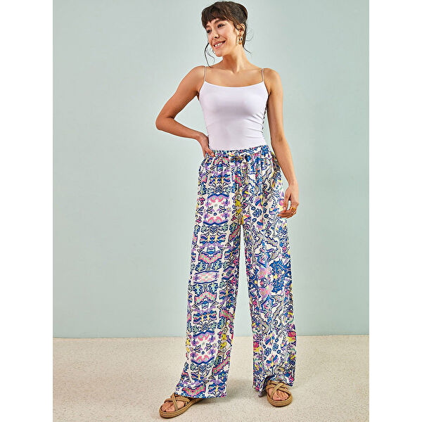 Shade Beli Lastikli Desenli Geniş Paça Viskon Kadın Pantolon