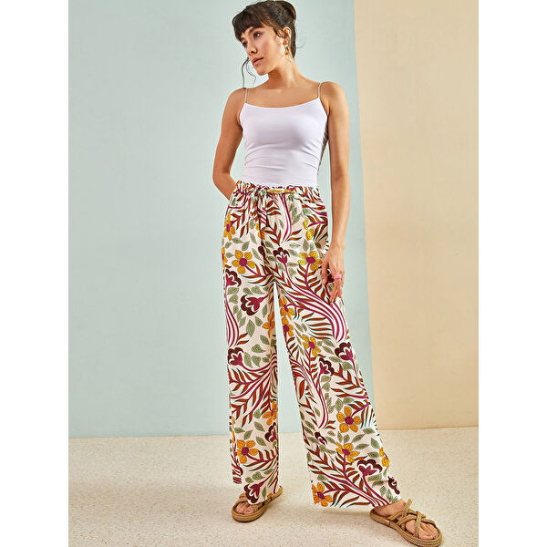 Shade Beli Lastikli Desenli Geniş Paça Viskon Kadın Pantolon
