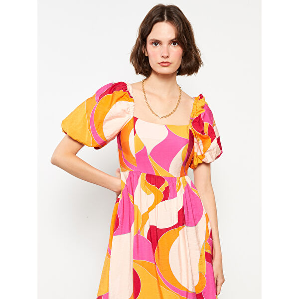 Kare Yaka Desenli Balon Kollu Poplin Kadın Elbise