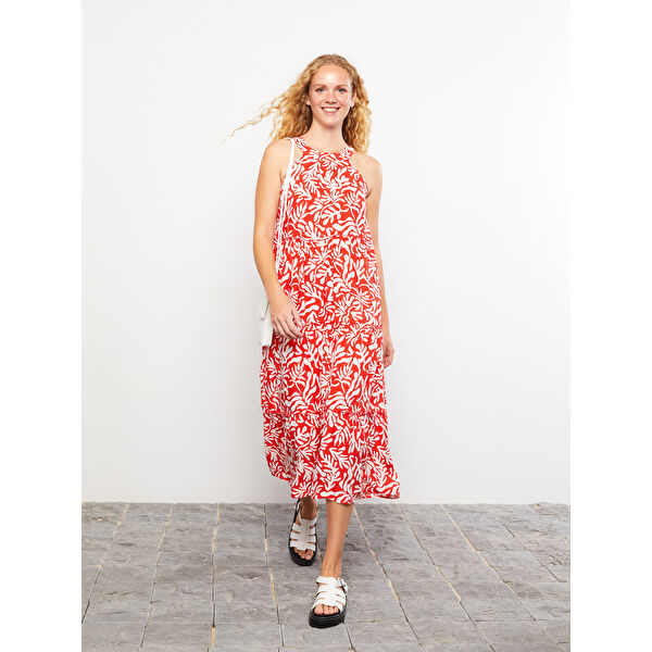 Halter Yaka Desenli Kolsuz Viskon Kadın Elbise