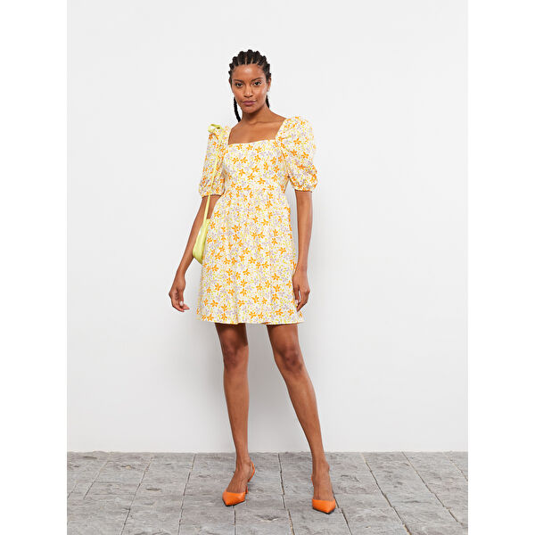 Kare Yaka Çiçekli Kısa Kollu Poplin Kadın Elbise