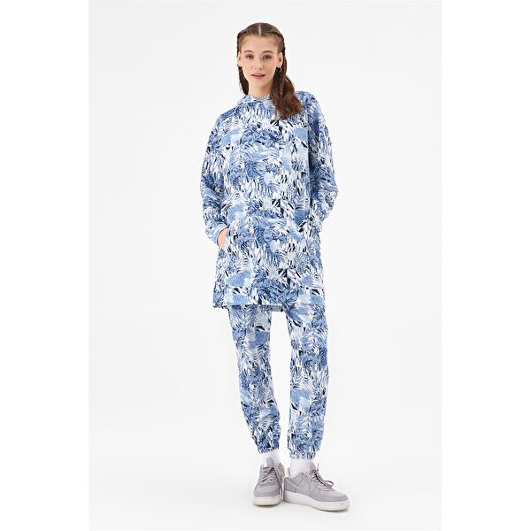 Muni Muni Kapüşonlu Desenli Uzun Kollu Kadın Sweatshirt ve Eşofman Altı Takım