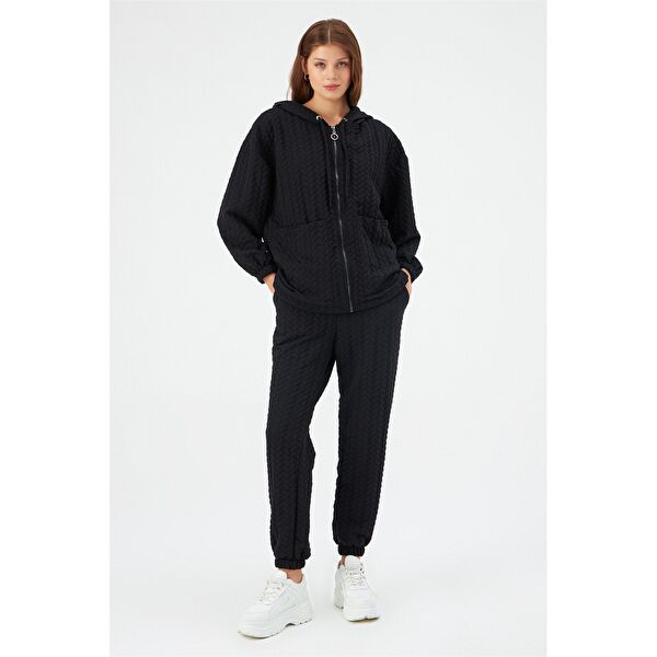 Muni Muni Kapüşonlu Kendinden Desenli Uzun Kollu Kadın Hırka Ve Eşofman Altı Takımı