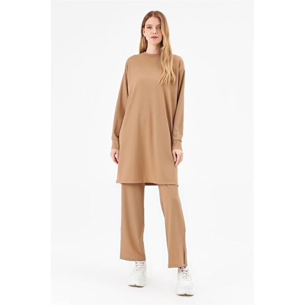 Muni Muni Bisiklet Yaka Düz Uzun Kollu Kadın Tunik Ve Pantolon Takımı