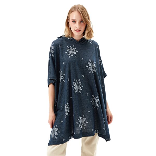 Muni Muni Kapüşonlu Desenli Pamuklu Kadın Panço