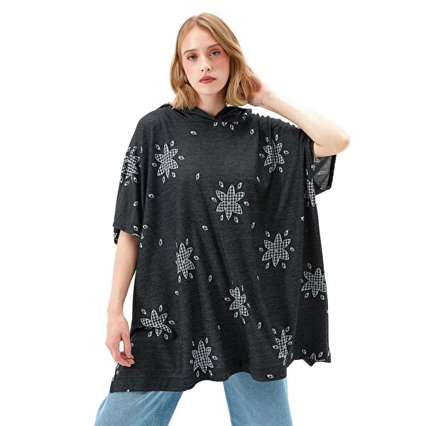 Muni Muni Kapüşonlu Desenli Pamuklu Kadın Panço