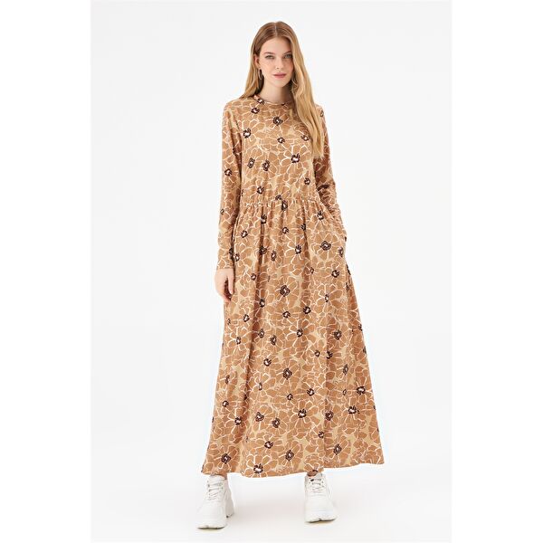 Muni Muni Dik Yaka Çiçekli Uzun Kollu Kadın Elbise