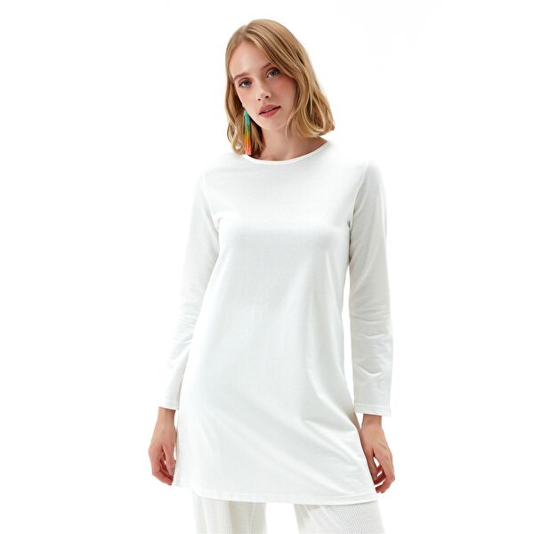 Muni Muni Bisiklet Yaka Düz Uzun Kollu Pamuklu Kadın Tunik