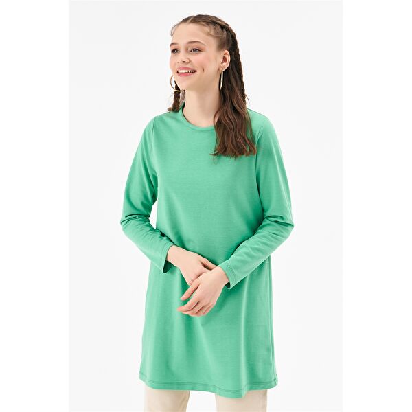 Muni Muni Bisiklet Yaka Düz Uzun Kollu Pamuklu Kadın Tunik