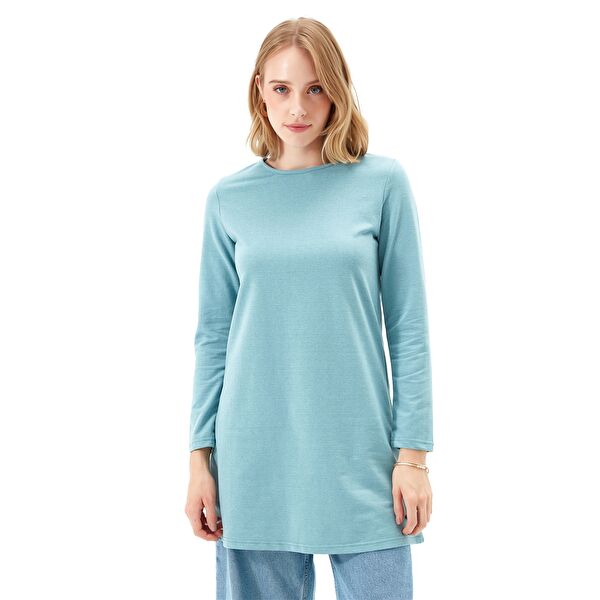 Muni Muni Bisiklet Yaka Düz Uzun Kollu Pamuklu Kadın Tunik