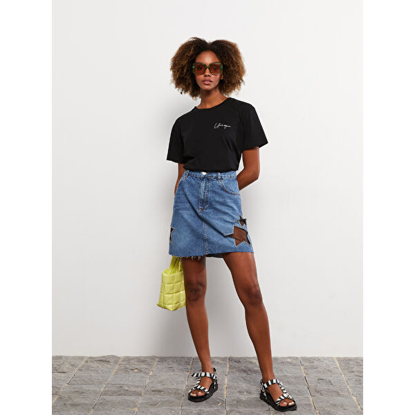 Standart Fit Baskılı Kadın Rodeo Jean Etek