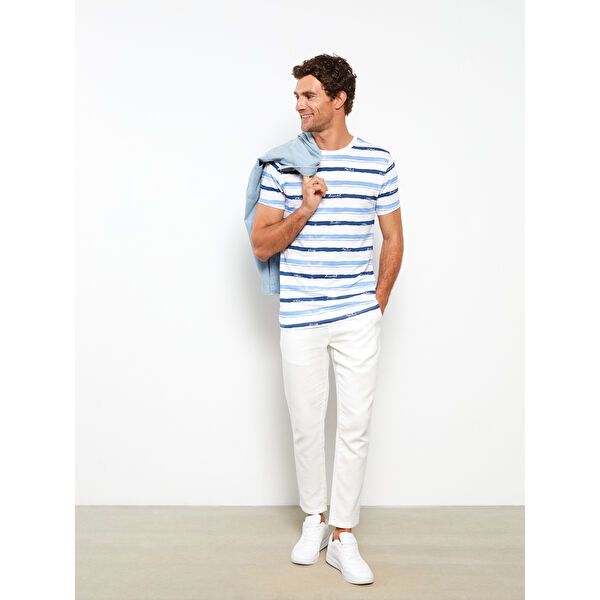 Bisiklet Yaka Kısa Kollu Çizgili Penye Erkek Tişört