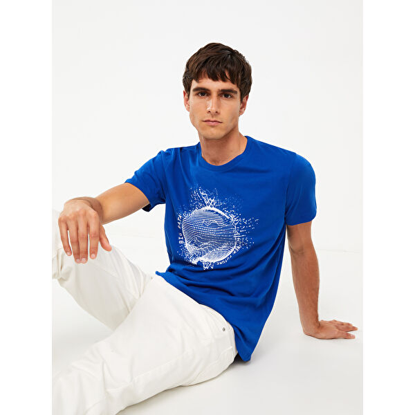 Bisiklet Yaka Kısa Kollu Baskılı Penye Erkek Tişört