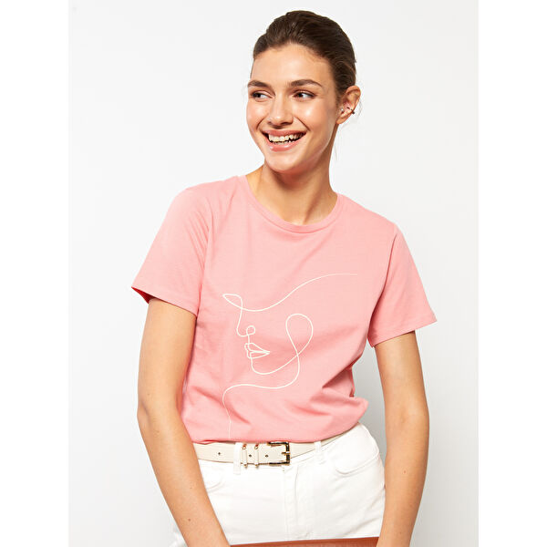 Bisiklet Yaka Baskılı Kısa Kollu Pamuklu Kadın Tişört