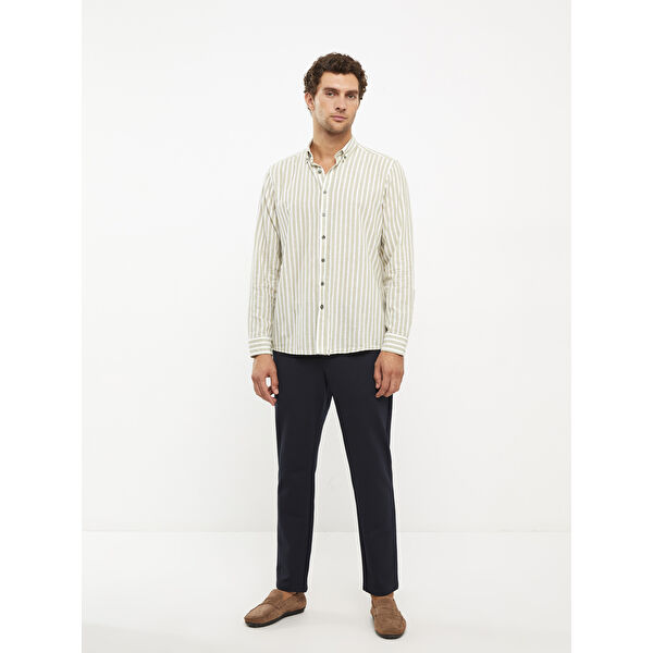 Regular Fit Uzun Kollu Çizgili Keten Erkek Gömlek