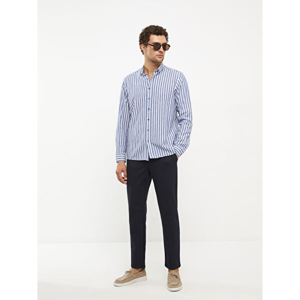 Regular Fit Uzun Kollu Çizgili Keten Erkek Gömlek Regular Fit Uzun Kollu Çizgili Keten Erkek Gömlek