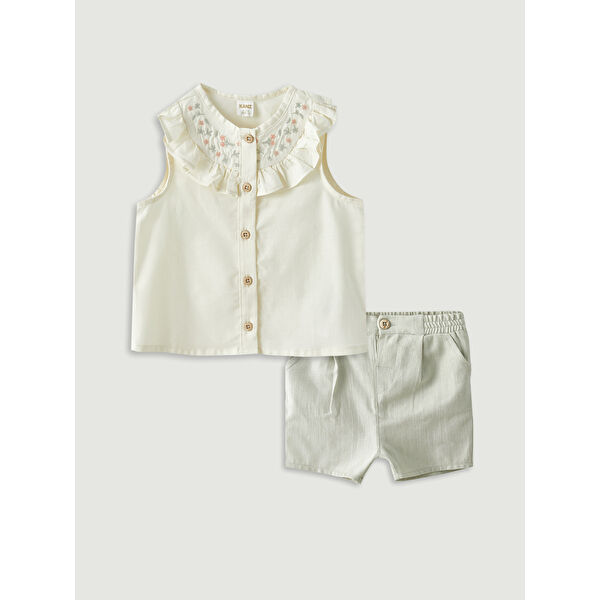 Bisiklet Yaka Nakış Detaylı Kız Bebek Gömlek ve Şort 2'li Takım