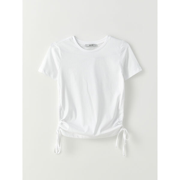 Bisiklet Yaka Düz Kısa Kollu Crop Pamuklu Kadın Tişört