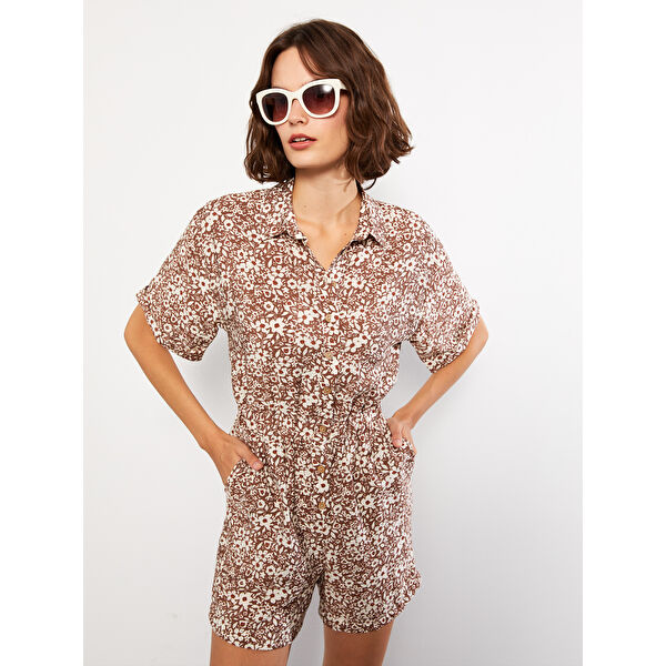 Gömlek Yaka Çiçekli Kısa Kollu Kadın Tulum