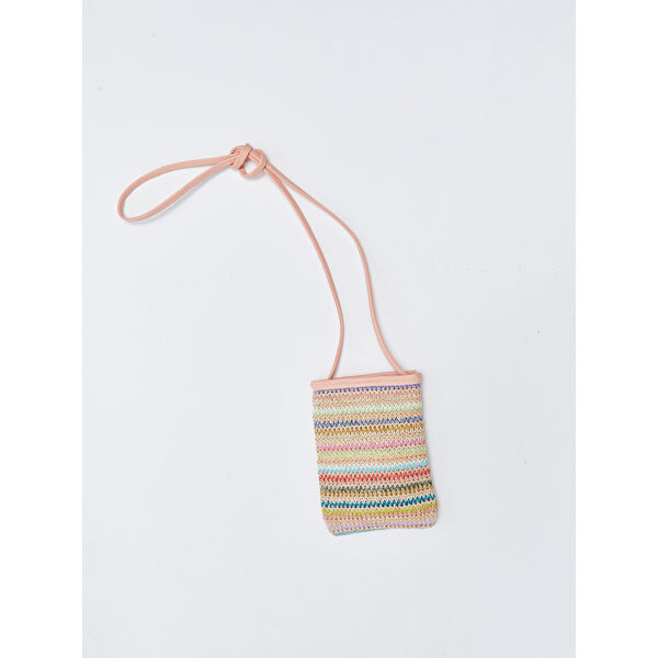 Çizgili Hasır Kız Çocuk Telefon Çantası