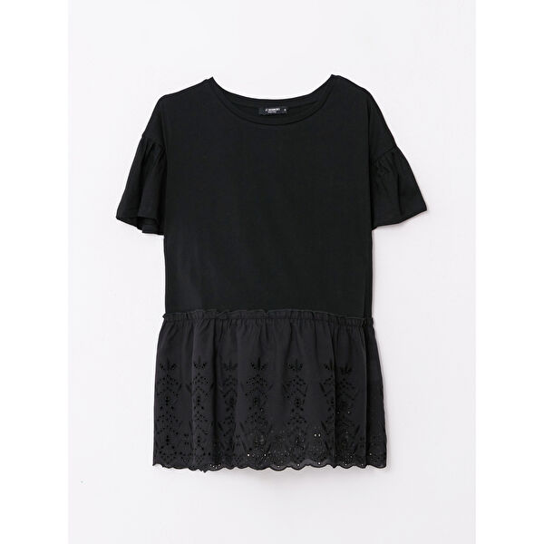 Bisiklet Yaka Nakışlı Kısa Kollu Kadın Tişört