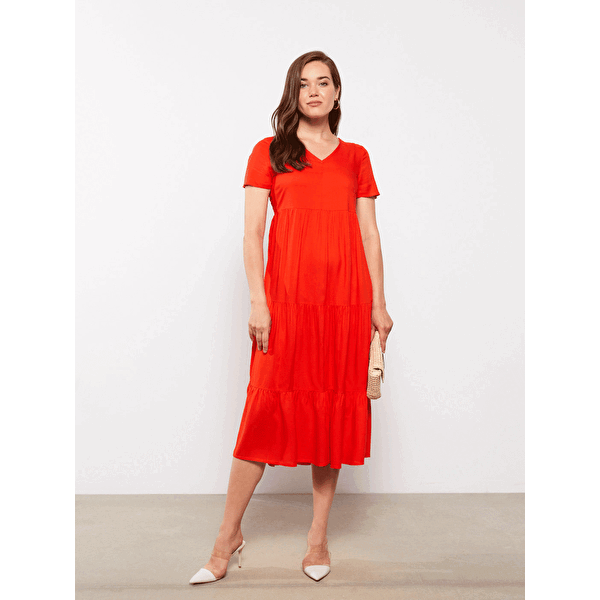 V Yaka Düz Kısa Kollu Viskon Hamile Elbise