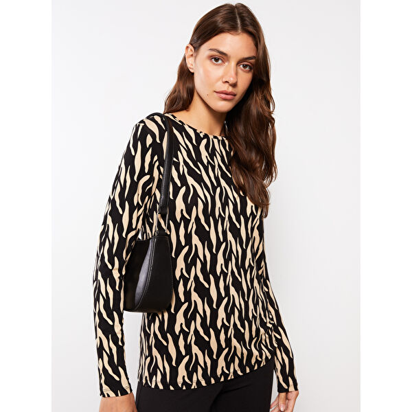 Bisiklet Yaka Desenli Uzun Kollu Kadın Tişört