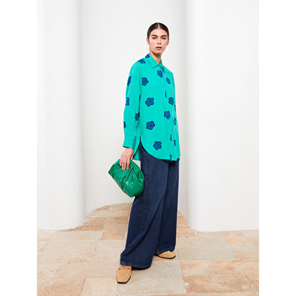 Önden Düğme Kapamalı Çiçekli Uzun Kollu Viskon Kadın Gömlek Önden Düğme Kapamalı Çiçekli Uzun Kollu Viskon Kadın Gömlek