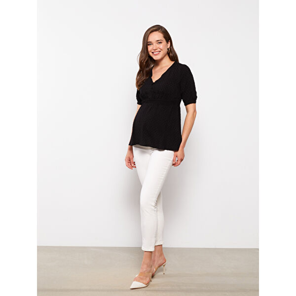 V Yaka Kendinden Desenli Kısa Kollu Viskon Hamile Bluz