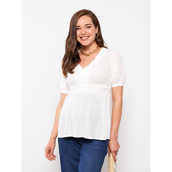 V Yaka Kendinden Desenli Kısa Kollu Viskon Hamile Bluz