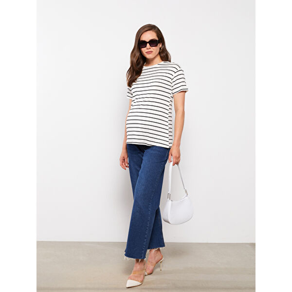Bisiklet Yaka Çizgili Kısa Kollu Hamile Tişört
