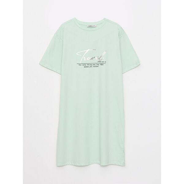 Bisiklet Yaka Baskılı Kısa Kollu Pamuklu Kadın Tunik