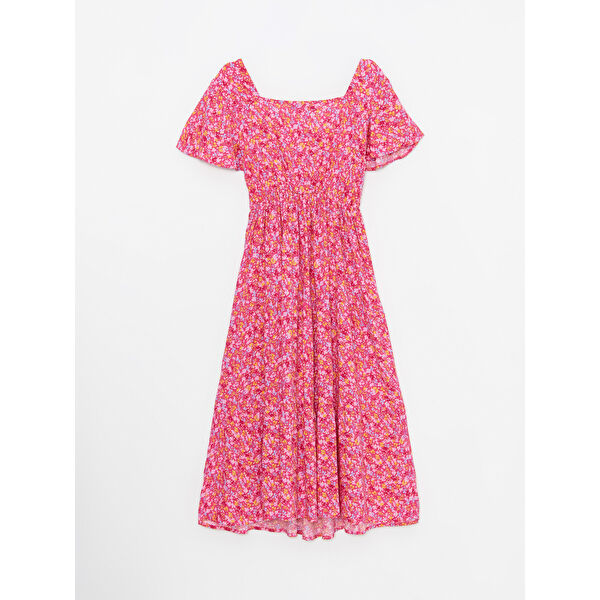 Kare Yaka Çiçekli Kısa Kollu Viskon Hamile Elbise