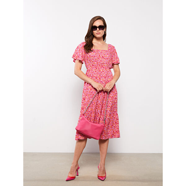 Kare Yaka Çiçekli Kısa Kollu Viskon Hamile Elbise