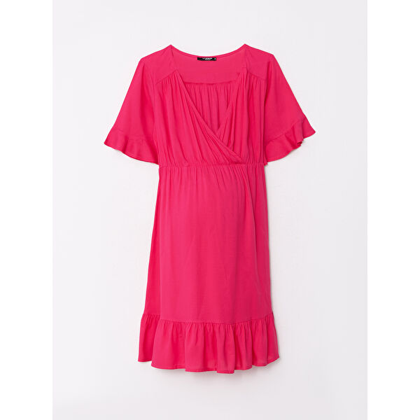 Kruvaze Yaka Düz Kısa Kollu Viskon Hamile Elbise