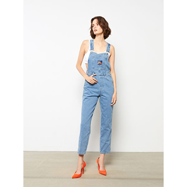 Kare Yaka Baskılı Askılı Kadın Rodeo Jean Salopet